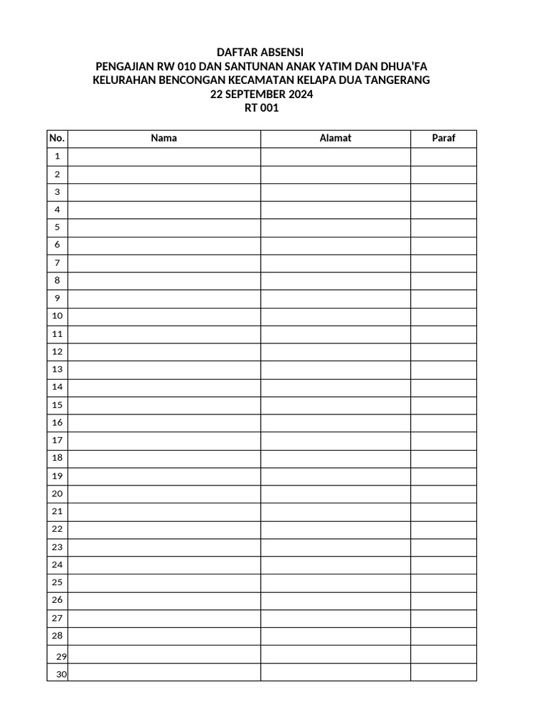 Daftar Absensi Pengajian RW | PDF