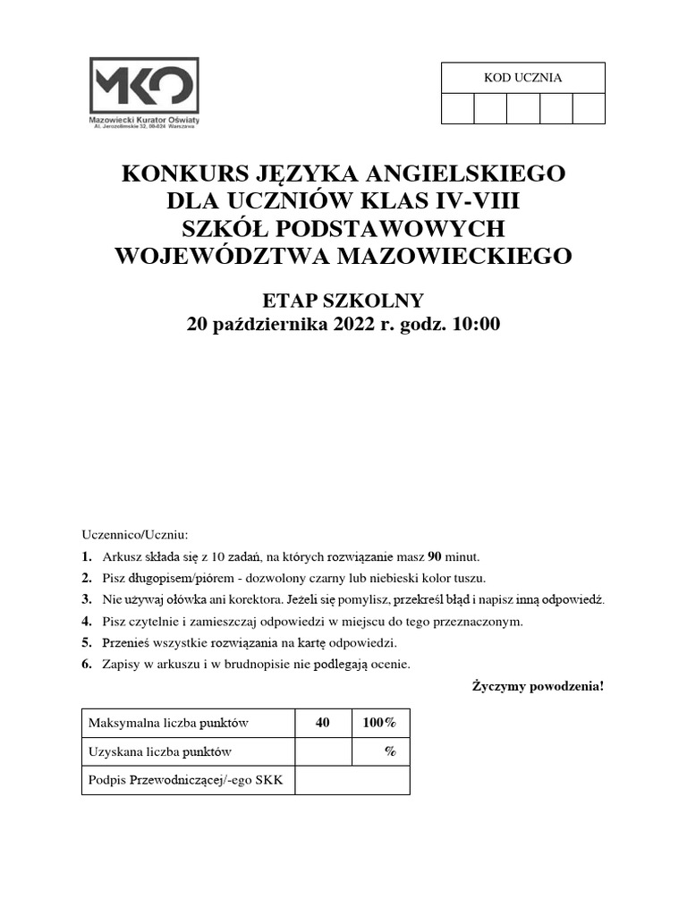 Konkurs Kuratoryjny Angielski 2023 Szkolny Mazowieckie | PDF