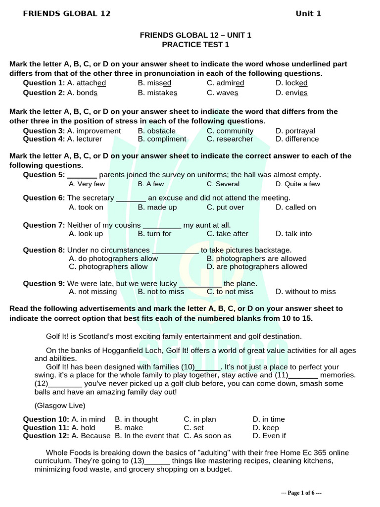 Tiếng Anh 12 Friends Global - Unit 1 - Practice Test 1 | PDF