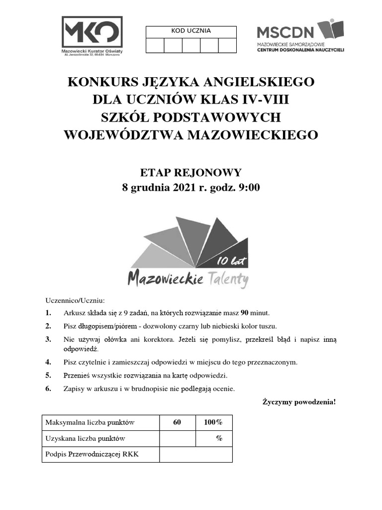 Konkurs Kuratoryjny Angielski 2022 Rejonowy Mazowieckie | PDF