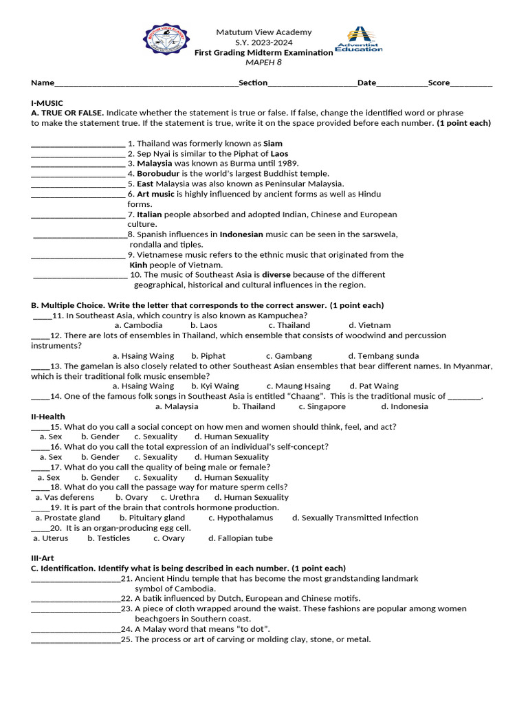 Midterm 2024 First Quarter Examination MAPEH 8 | PDF
