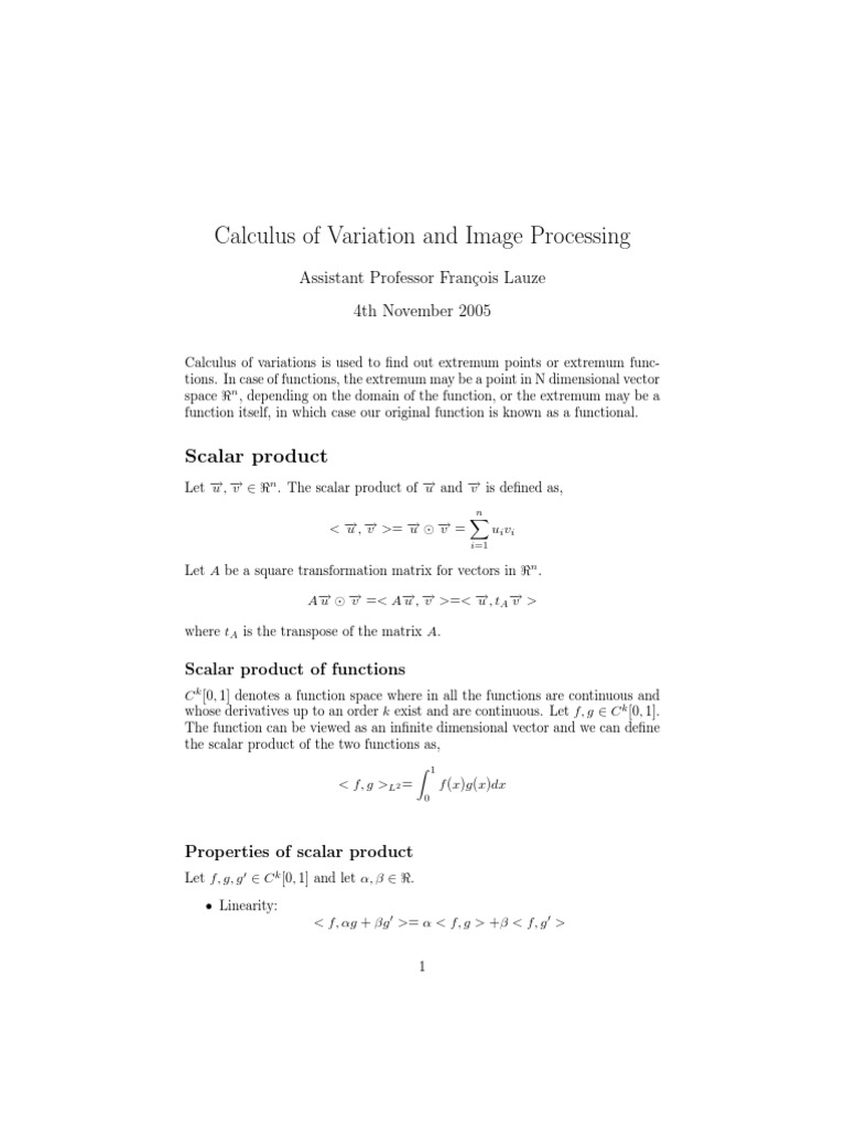 Calculus of Variation and Image Processing: Scalar Product | PDF ...