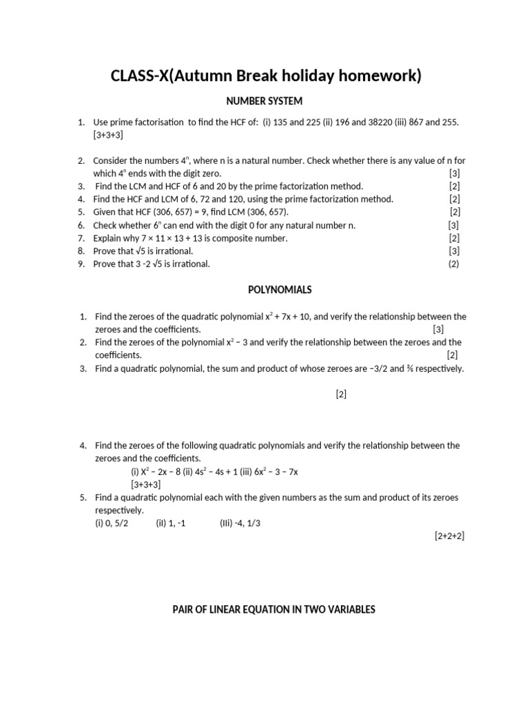 Class 10th Maths Holiday Homework | PDF