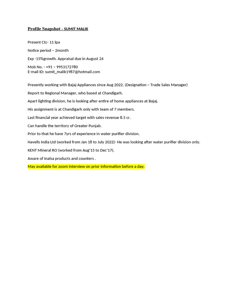 Profile Snapshot - Sumit Malik | PDF