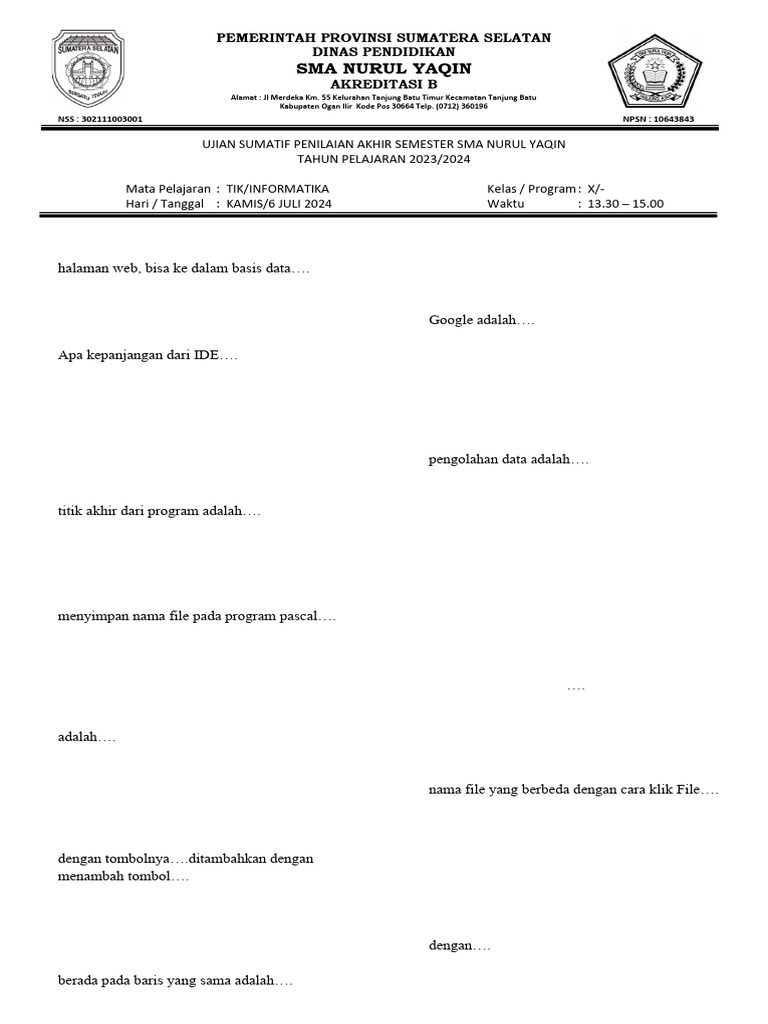 Soal Tik Kelas X Semester Genap 2024 | PDF