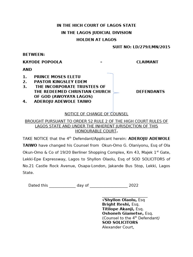 Notice of Change of Counsel Final | PDF