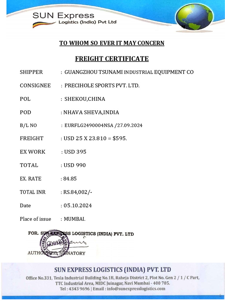Freight Certificatge (23.810CBM) | PDF