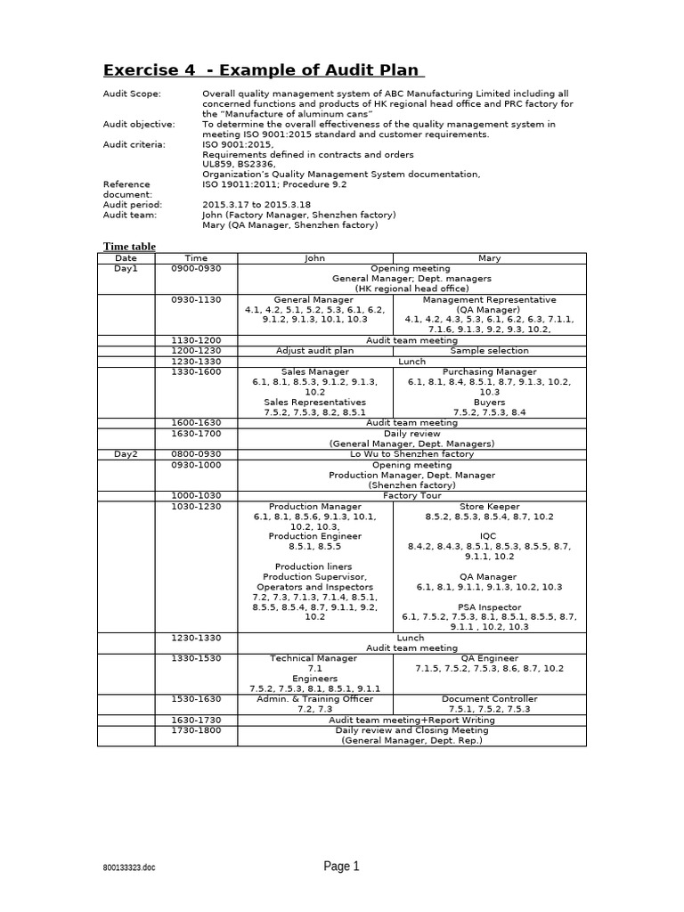ISO 9001 IQA Group Ex 4-Example of Audit Plan Sept 2017 | PDF
