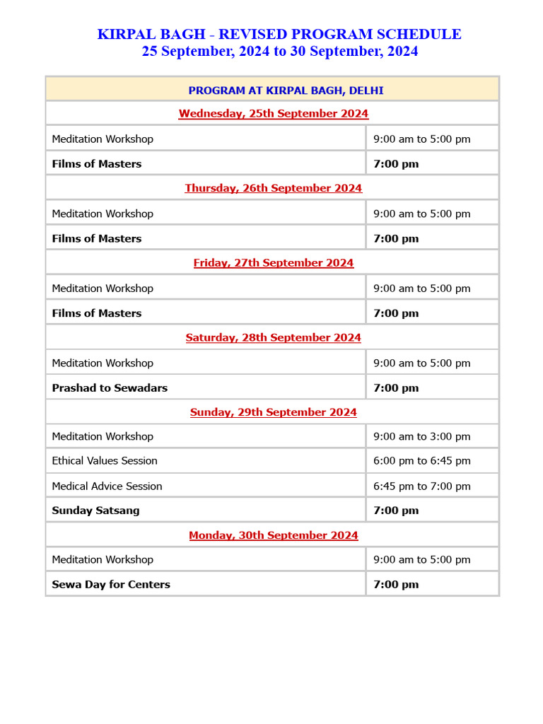 Revised Program Schedule - Sep-Oct 2024 | PDF