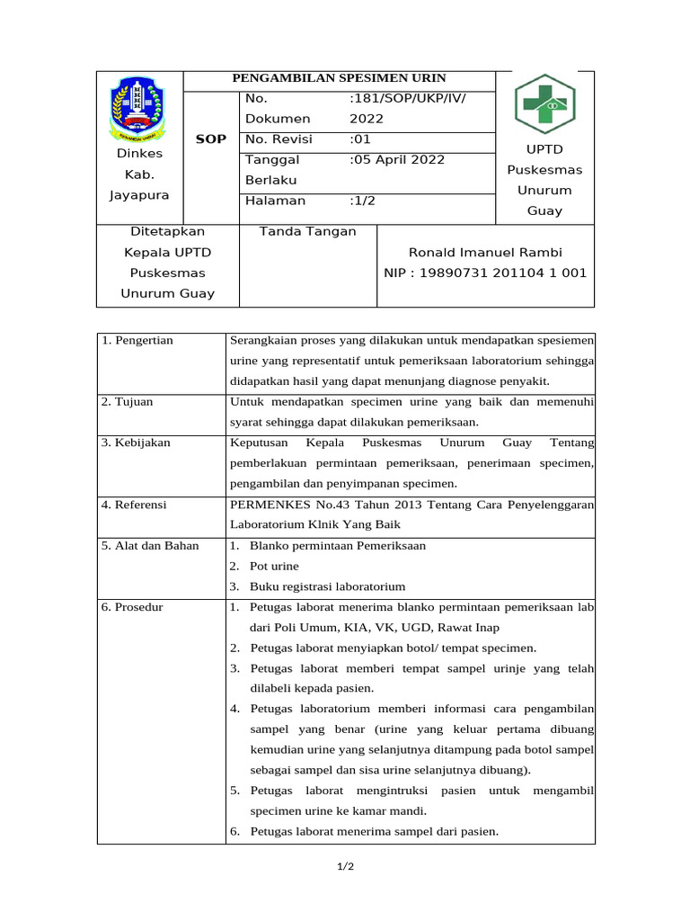 C1 Sop Spesimen Pengambilan Urine | PDF