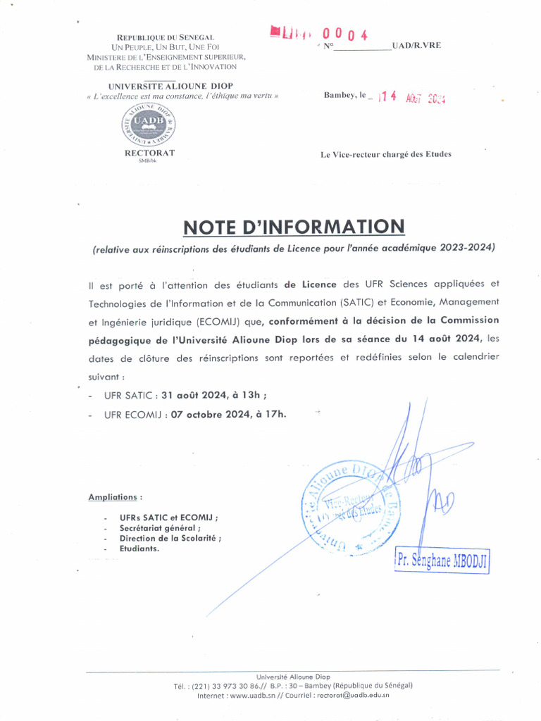 Note D'information Relative Aux Reinscriptions Des Etudiants de Licence Pour L'annee Academique ...