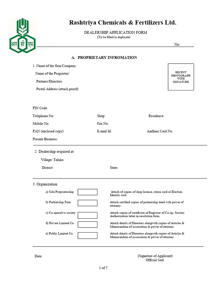 RCF New Dealership Application Form & List of Dcocuments | PDF