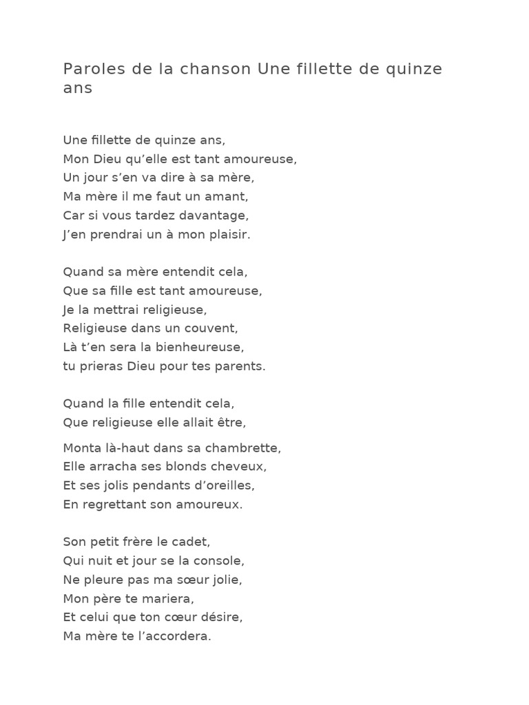 Paroles Une Fillette de Quinze Ans | PDF