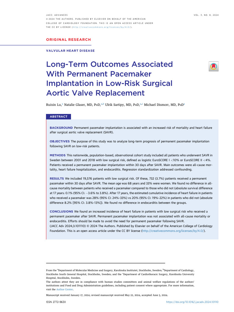 Long-Term Outcomes Associated With Permanent Pacemaker Implantation in ...