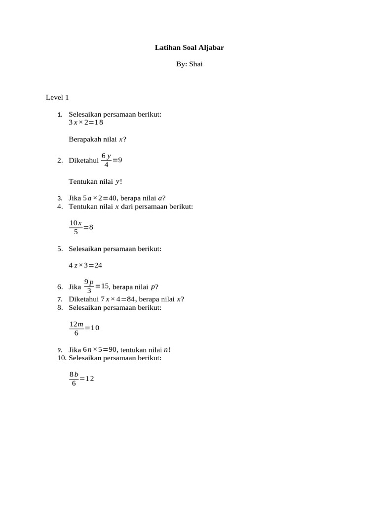 Latihan Soal Aljabar_SMP Kelas 7 (Les Bu Nur) | PDF