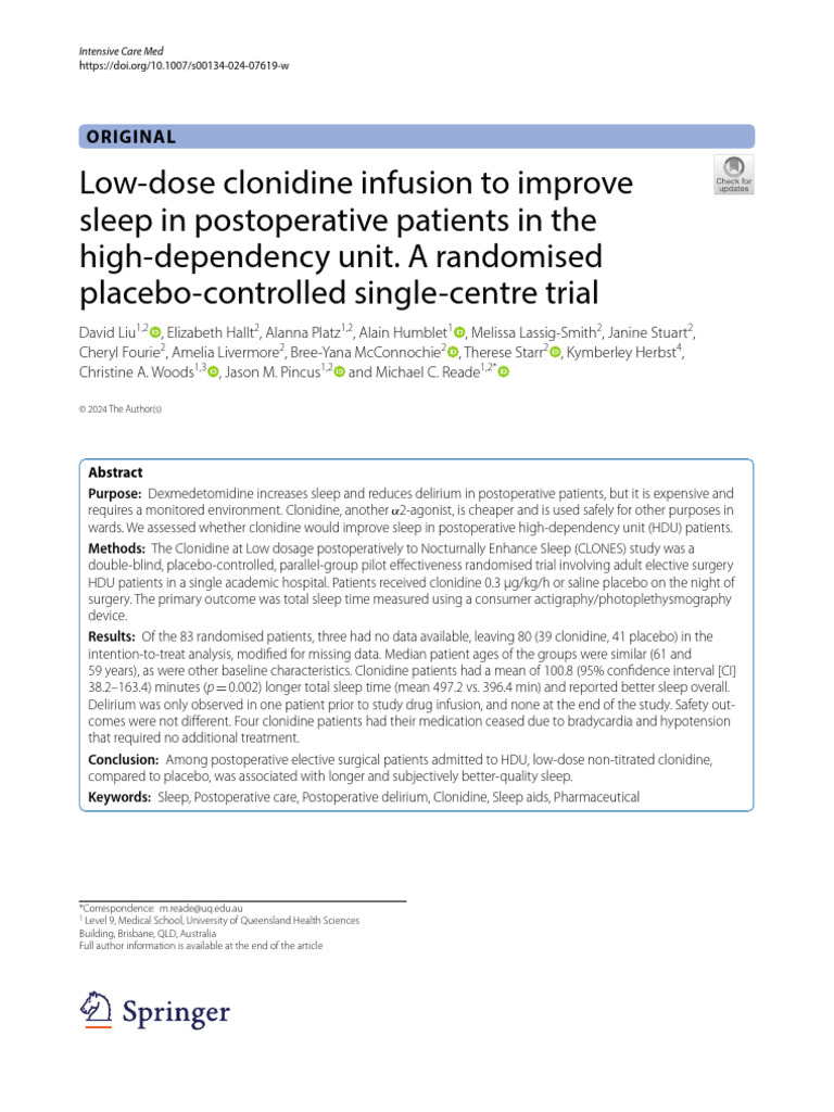 Low-Dose Clonidine Infusion To Improve Sleep in Postoperative Patients ...