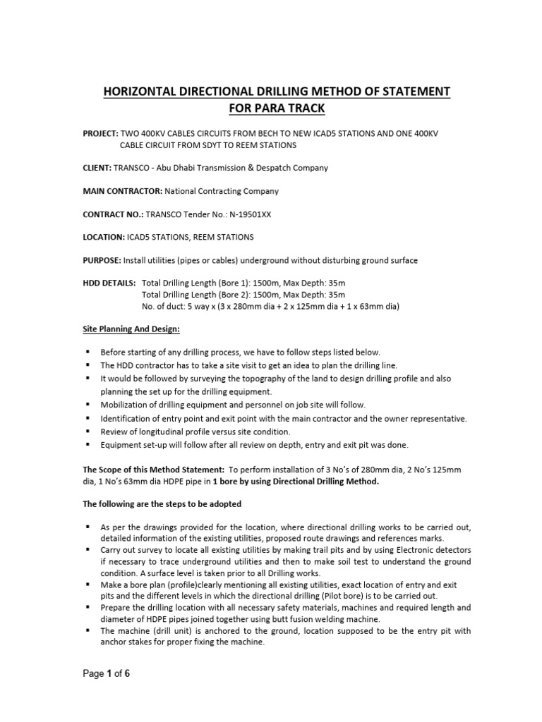 HDD - Method Statement - Below Sea Bed Crossing (Paratrack) | PDF
