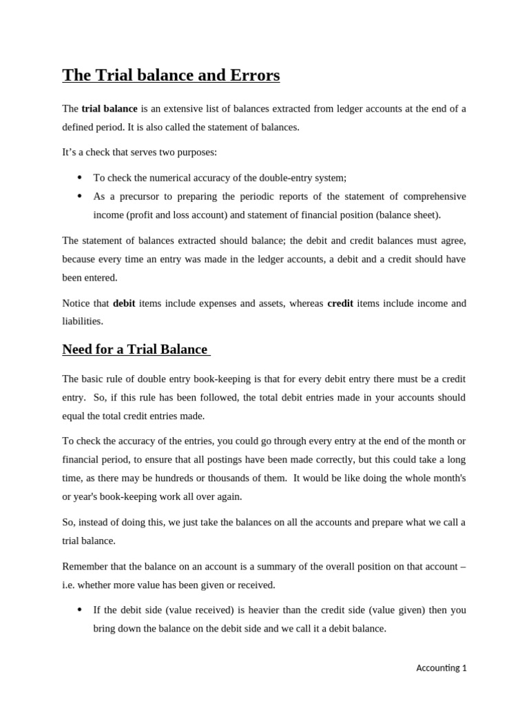 Trial Balance Preparation and Errors | PDF | Debits And Credits ...