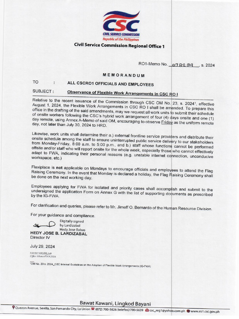 RO1-Memo No. 078294, S. 2024 Observance of Flexible Work Arrangements ...