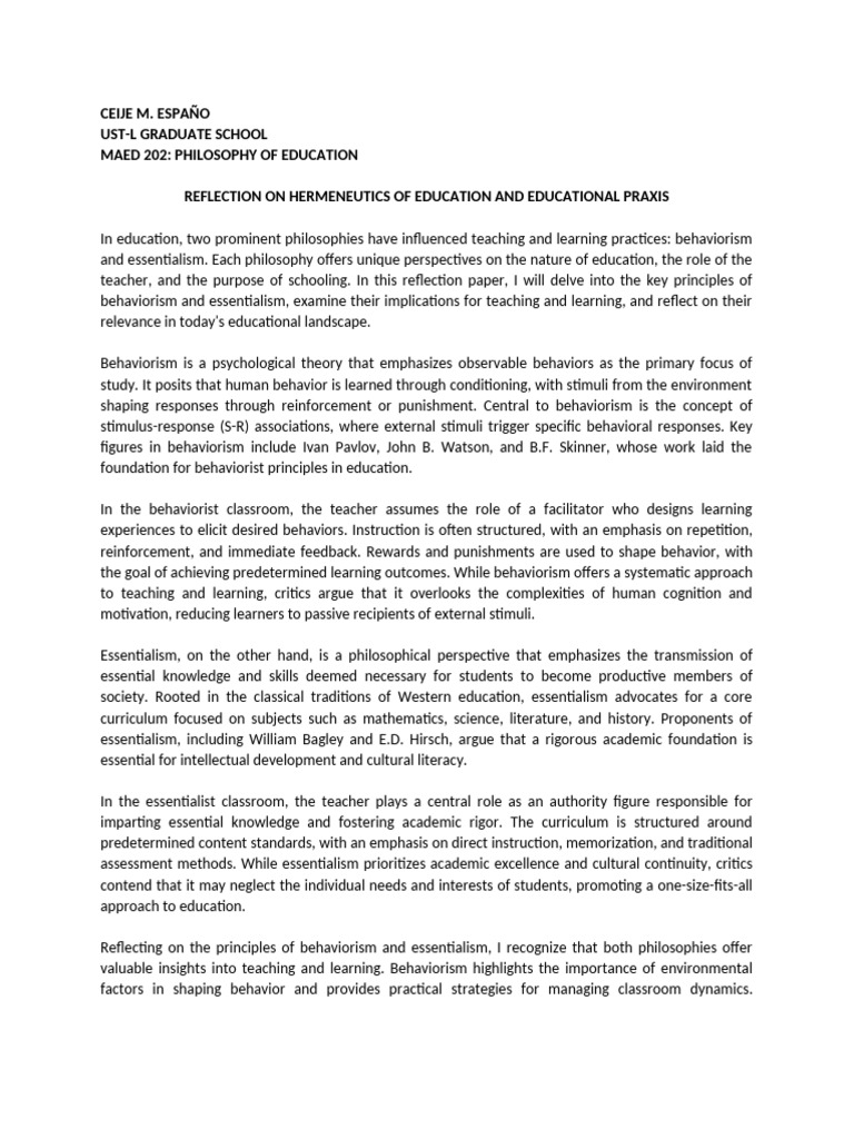 Behaviorism vs. Essentialism in Education | PDF | Behaviorism | Learning