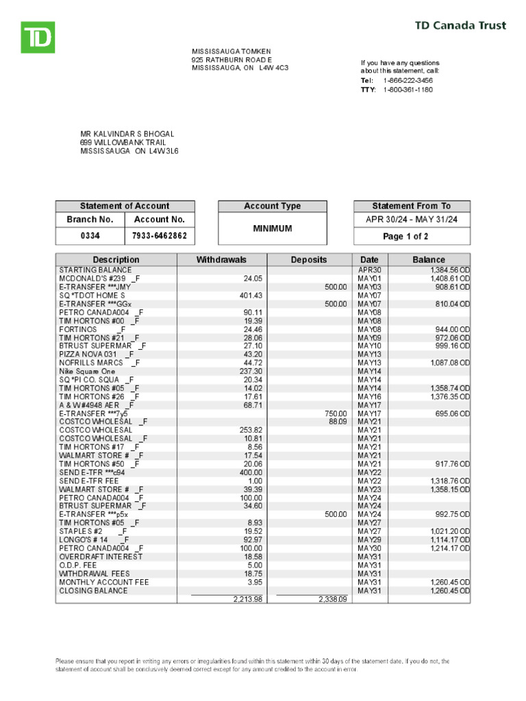 TD MINIMUM CHEQUING ACCOUNT 334-6462862 Apr 30-May 31 2024 | PDF
