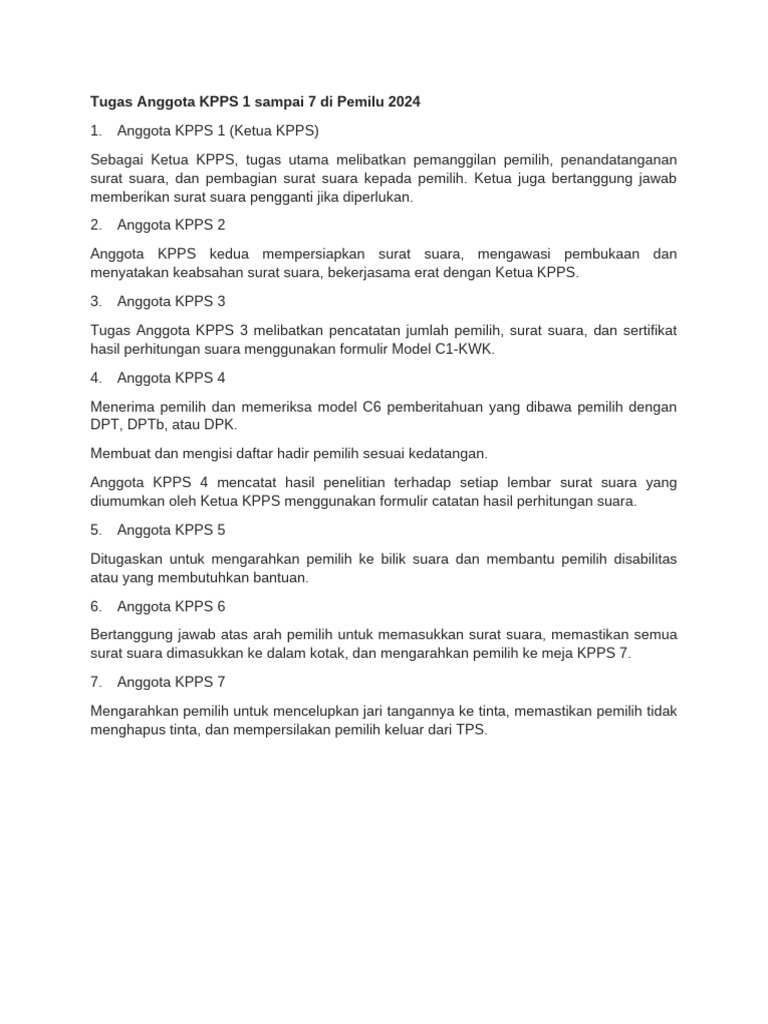 Tugas Anggota KPPS 1 sampai 7 di Pemilu 2024 | PDF
