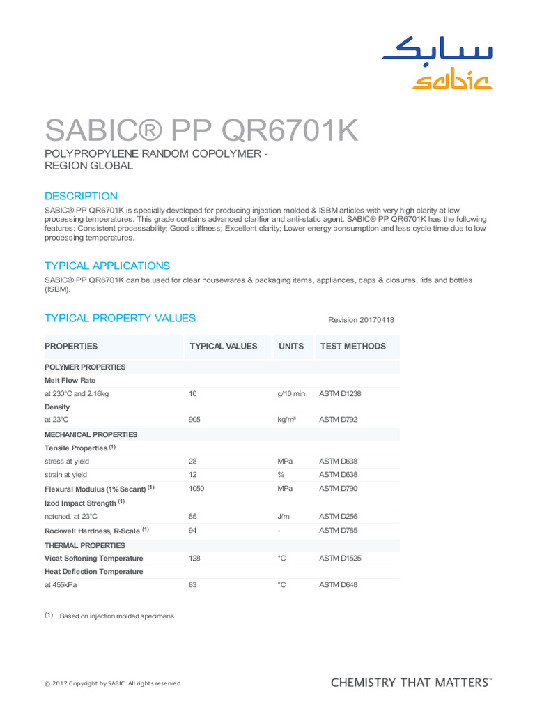 Sabic® PP Qr6701K: Polypropylene Random Copolymer - Region Global | PDF