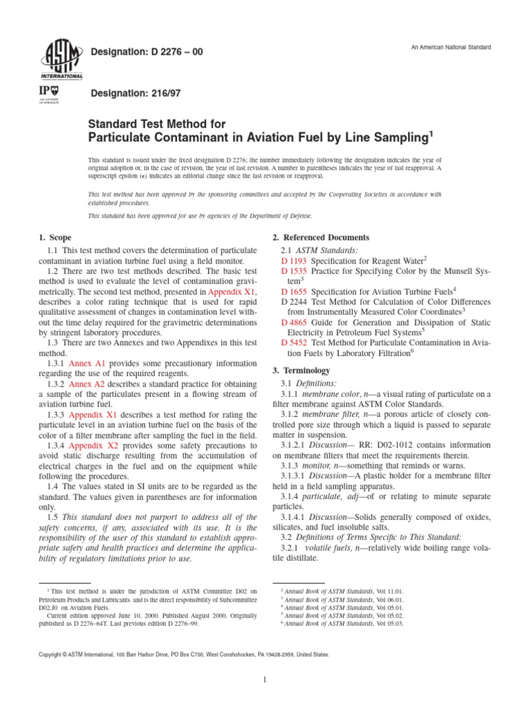 Particulate Contaminant in Aviation Fuel by Line Sampling: Standard ...
