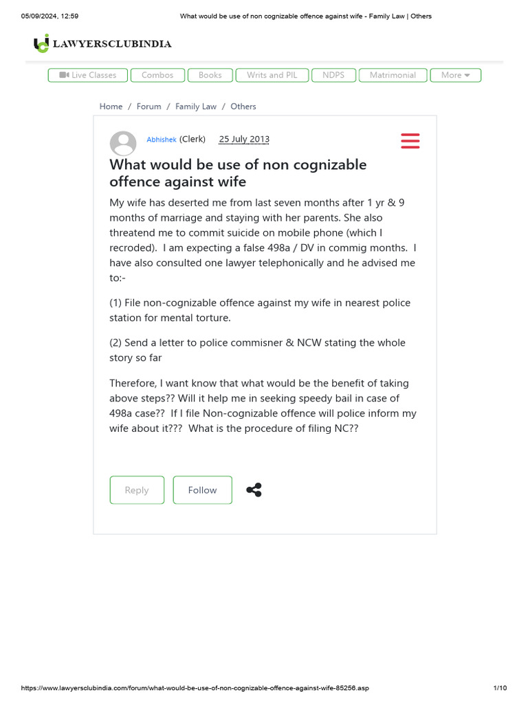 What Would Be Use of Non Cognizable Offence Against Wife - Family Law ...