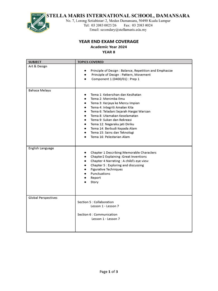 2024 Year End Exam Coverage - Y8 - v2 | PDF