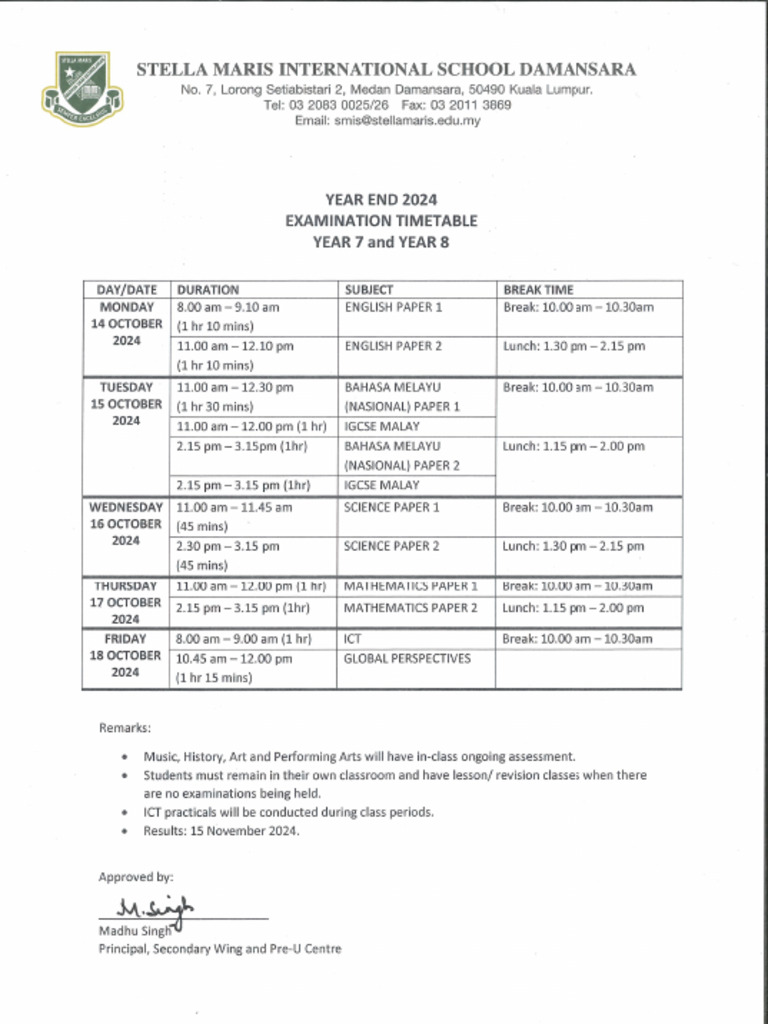 2024 Year End Exam Timetable Y8 | PDF