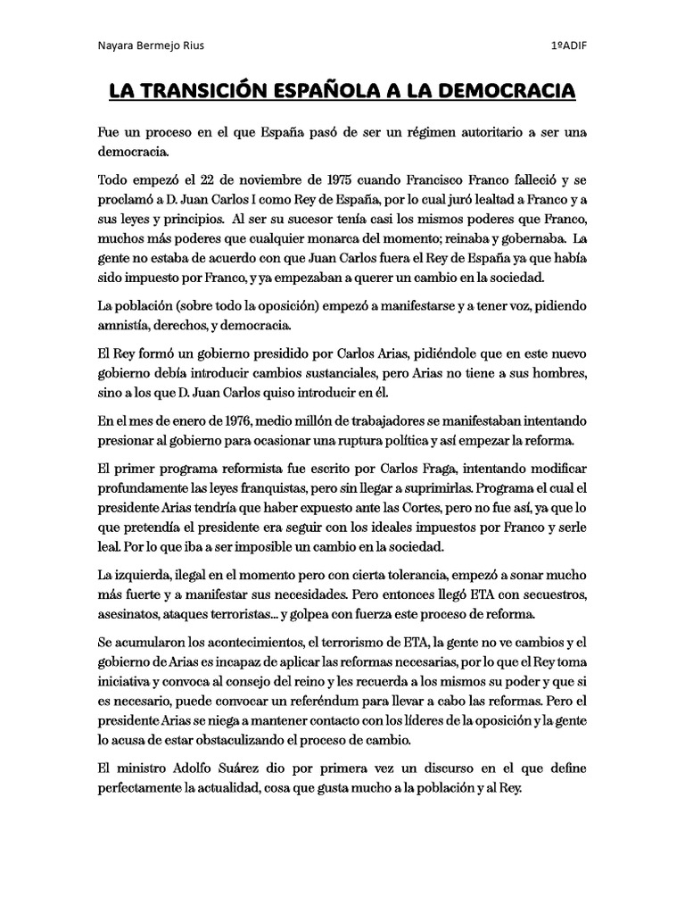 La Transición Española A La Democracia | PDF