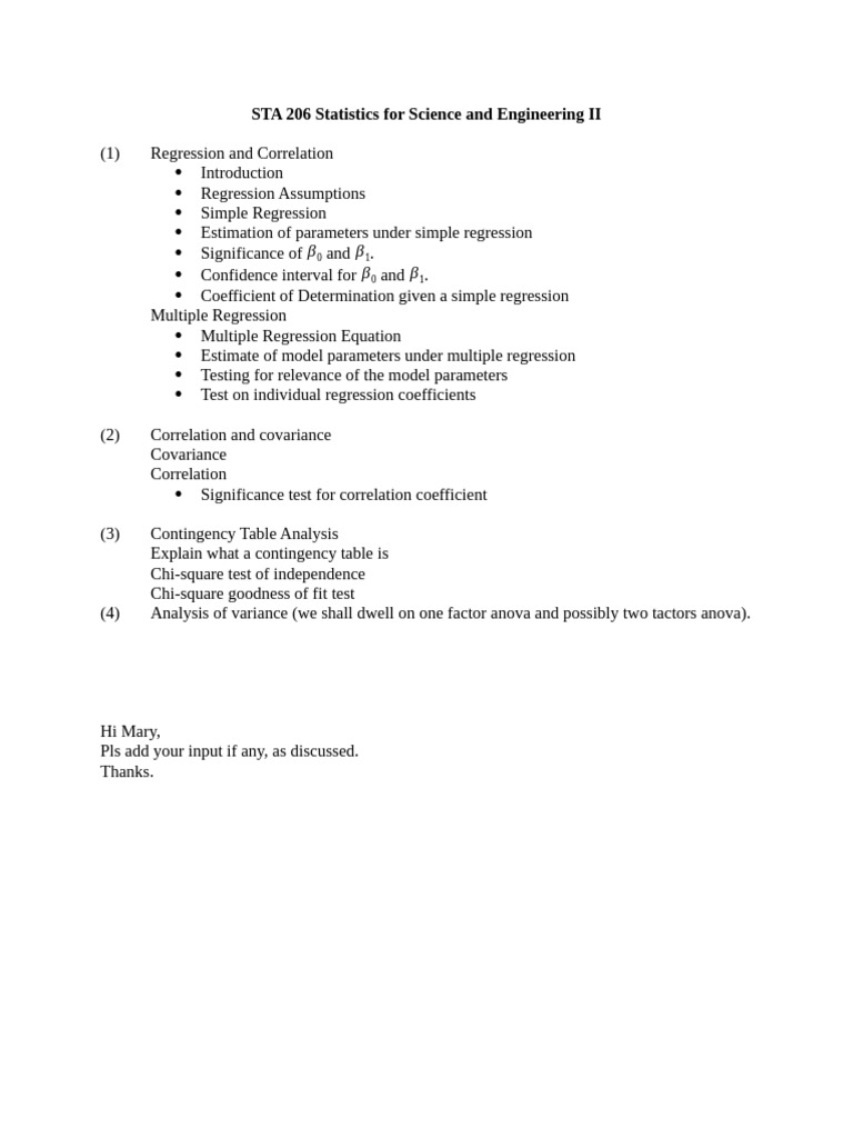 STA 206 Statistics for Science and Engineering II | PDF