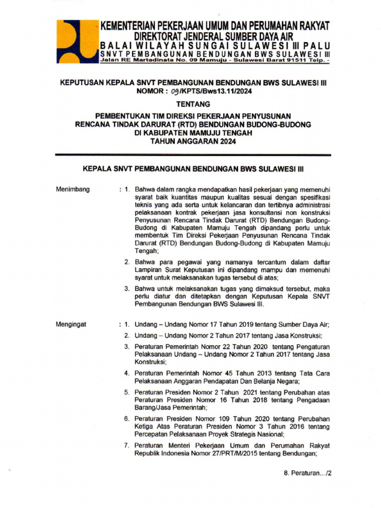 SK Tim Direksi RTD No.09 KPTS BWS13.11 2024 | PDF