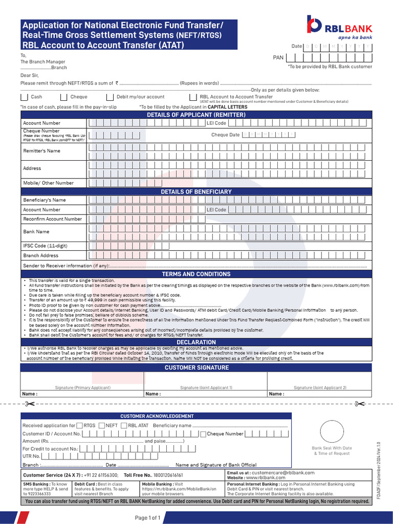 RBL Application For NEFT RTGS - Forms & Format | PDF