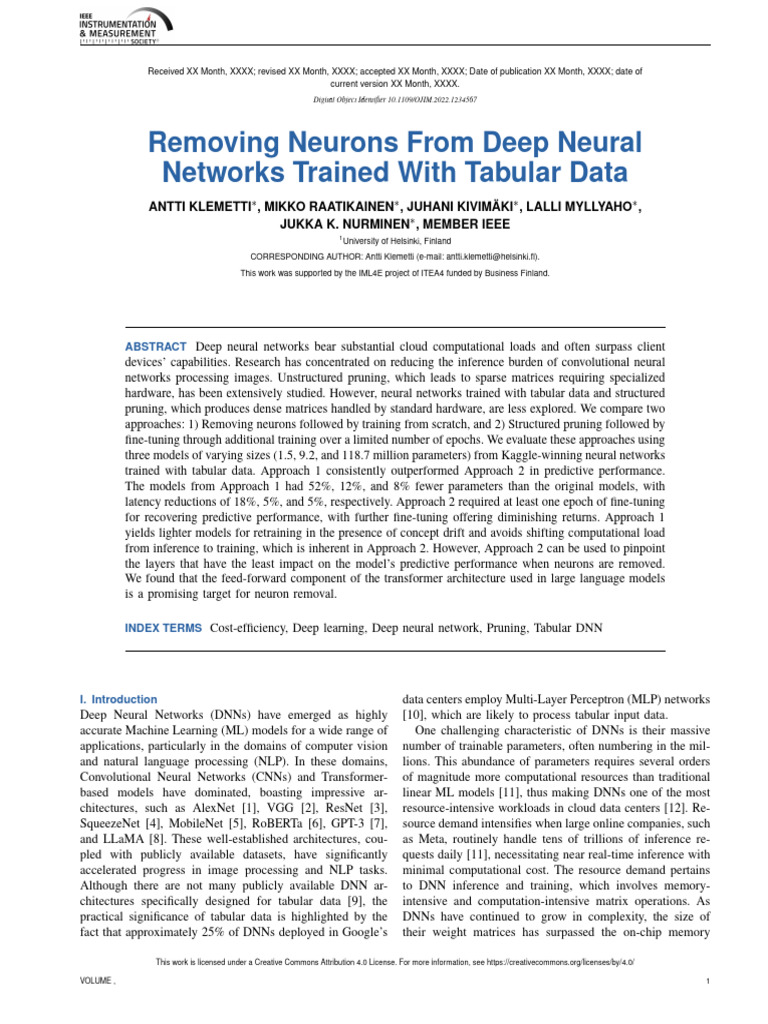 Removing Neurons From Deep Neural Networks Trained With Tabular Data | PDF