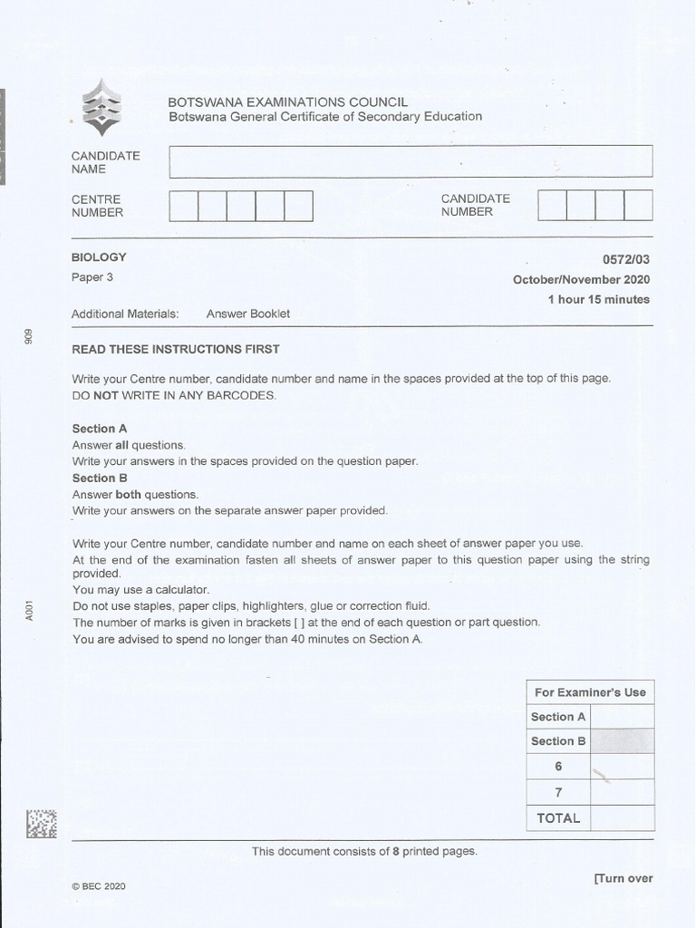 Biology Pp3 2020 (Bgcse) | PDF