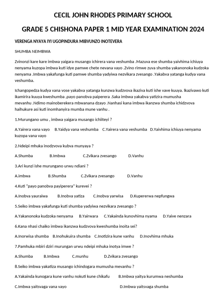 Grade 5 Shona Exam Paper 2024 | PDF