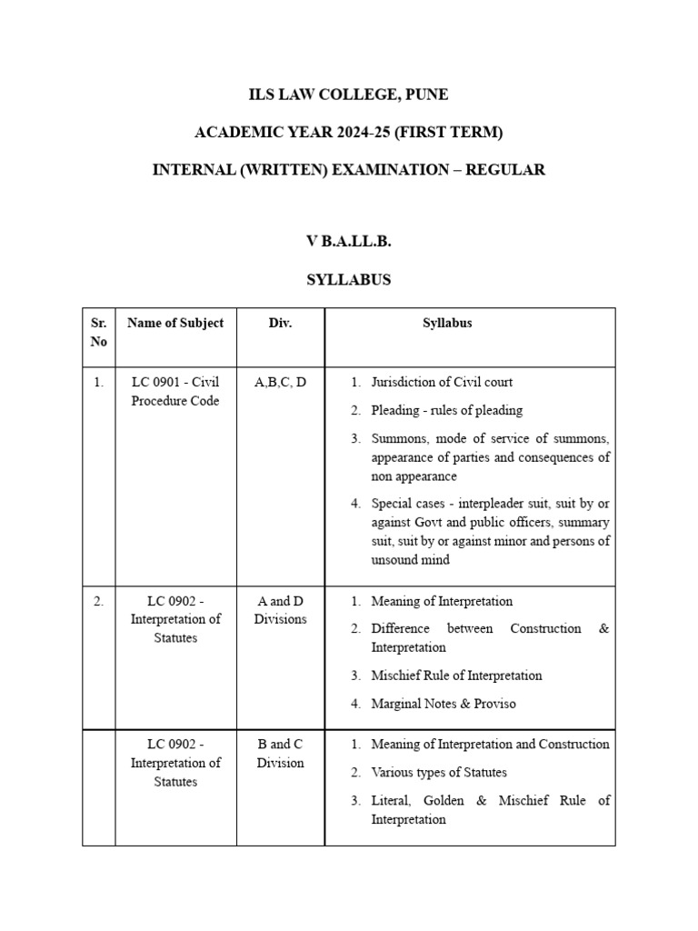 Syllabus INternal Written Exam Regular Oct 24 | PDF | Tort | Law