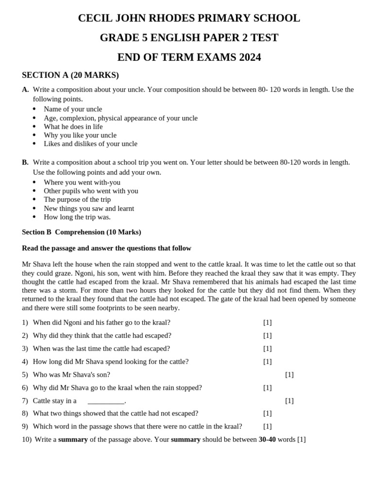 2024 Grade 5 CJR - ENG - PAPER - 2 - TERM - 2 | PDF