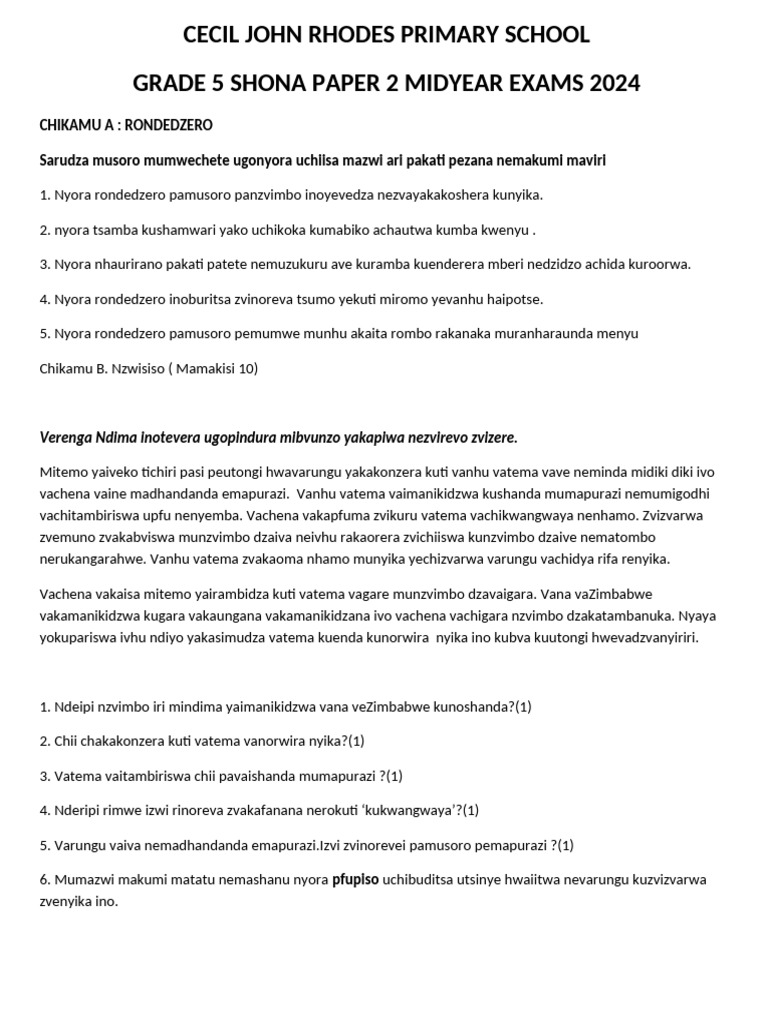 2024 Grade 5 Shona Paper 2 Midyear Exams WPS Office | PDF | Social ...