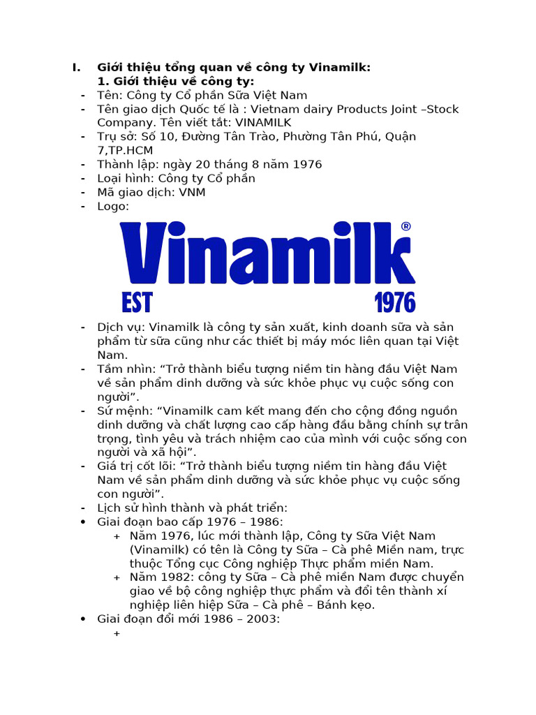 Giới thiệu tổng quan về công ty Vinamilk | PDF