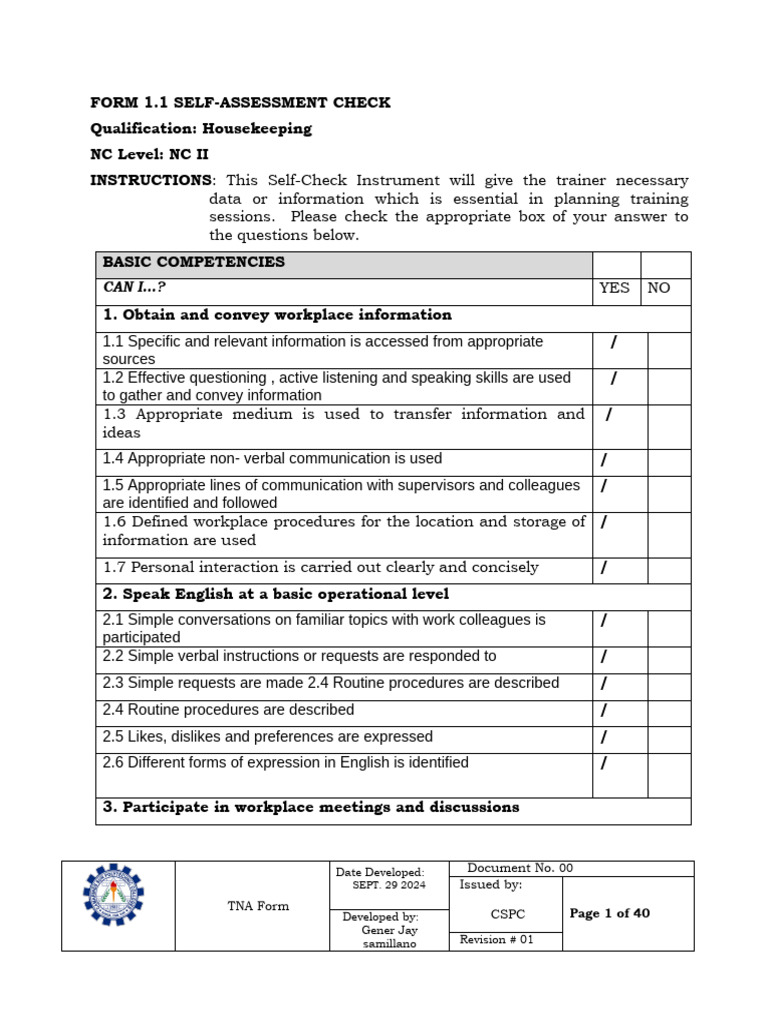 TNA Form HOUSEKEEPING NC II Task 1.1-6 | PDF