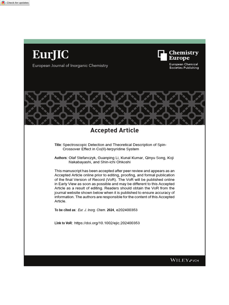 Eur J Inorg Chem - 2024 - Stefanczyk - Spectroscopic Detection and ...