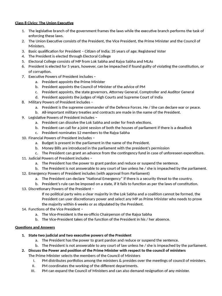 Class 8 Civics The Union Executive | PDF | Government Of India | Law