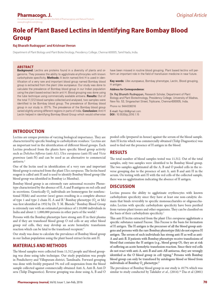 Role of Plant Based Lectins in Identifying Rare Bombay Blood Group | PDF