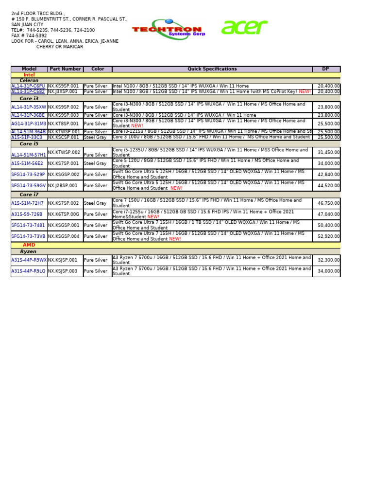 Acer Consumer Notebook Pricelist-Oct 2024 | PDF
