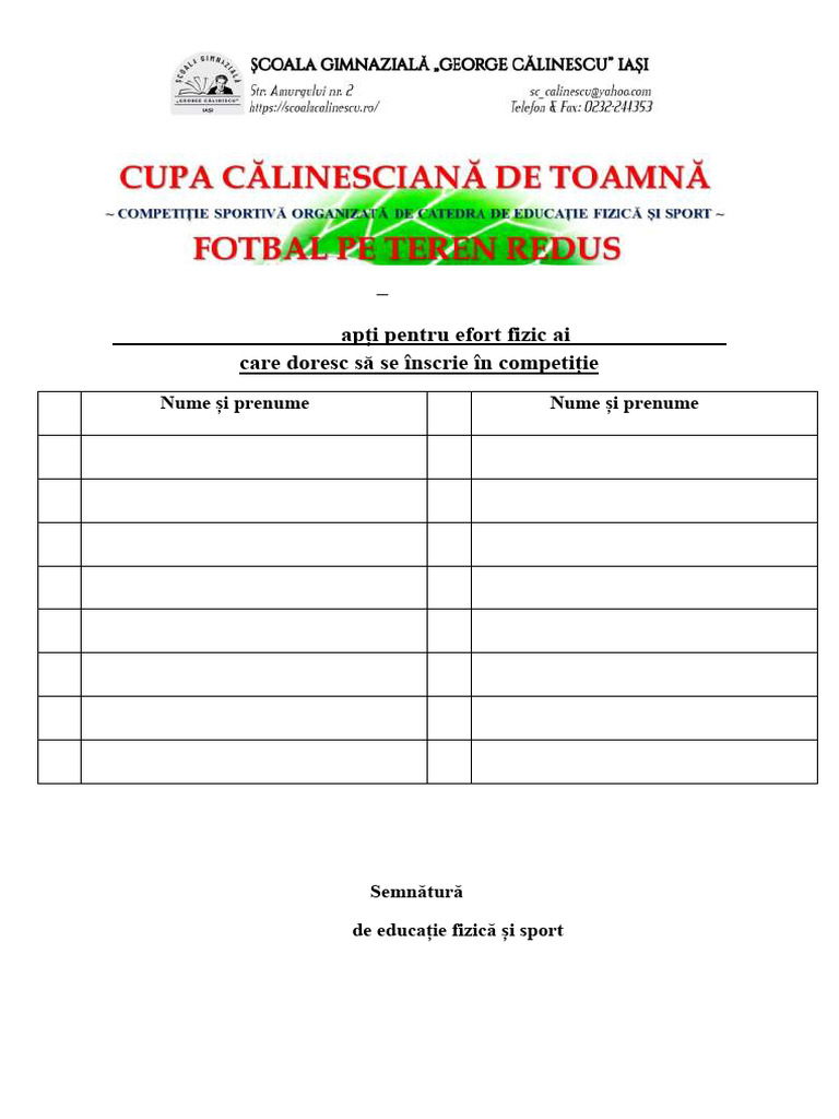 Fisa de Inscriere Cupa Calinesciana | PDF