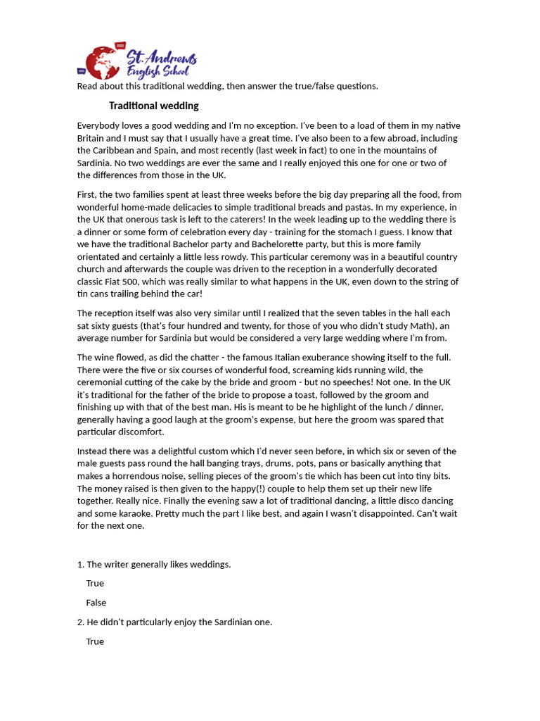 Traditional Wedding - Reading | PDF