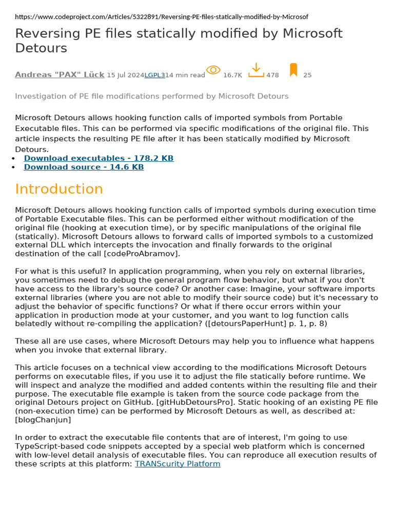 Reversing PE files statically modified by Microsoft Detours | PDF